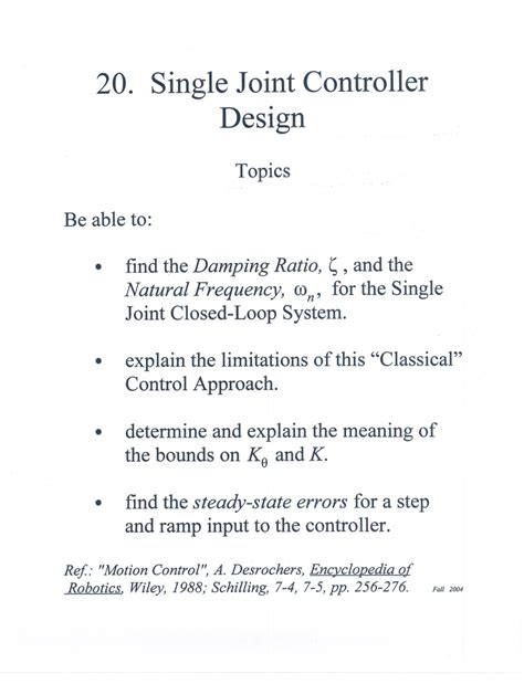 single joint controller design lecture notes ecse 4490 docsity