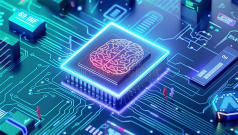Computer Chip With Brain On Motherboard Visual Effects Blue Color Scheme Stock Illustration