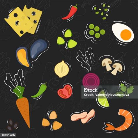 평면 스타일에서 음식 아이콘의 집합입니다 과일 야채 고기 생선 빵 치즈와 과자 재료 컬렉션입니다 벡터 일러스트 고기에 대한 스톡 벡터 아트 및 기타 이미지 Istock