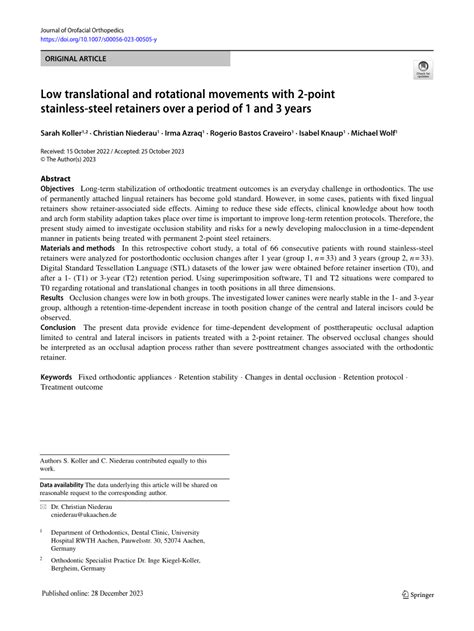 Pdf Low Translational And Rotational Movements With 2 Point Stainless Steel Retainers Over A