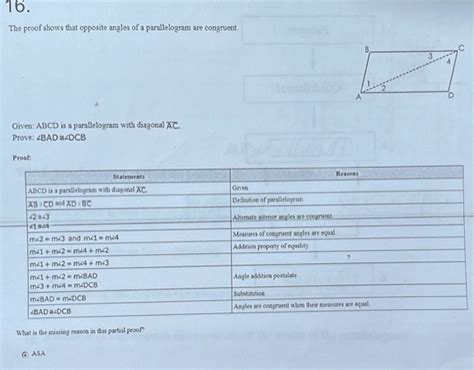 solved 16 the proof shows that opposite angles of a parallelogram are