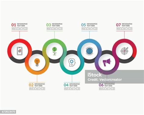 7 순환 요소 Infographic 일정 템플릿입니다 차트 그래프 워크플로 레이아웃 단계적으로 인포 그래픽에 사용할 수 있습니다 7에 대한 스톡 벡터 아트 및 기타 이미지