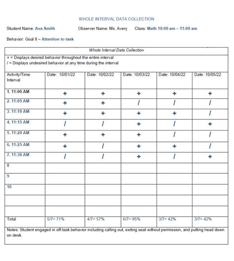 Whole Interval Recording Data Sheet Editable Printable With Example