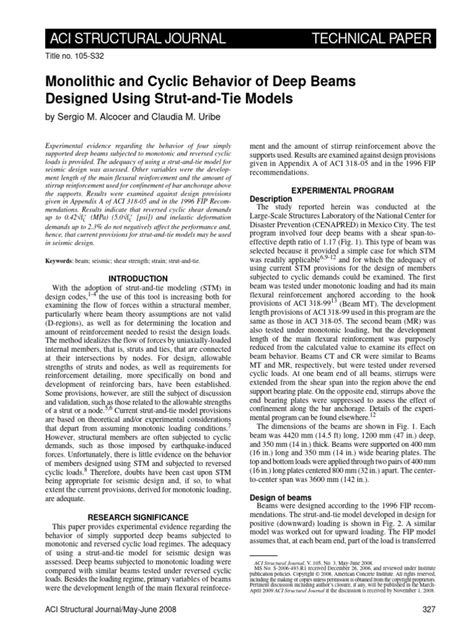 2008 Monolithic And Cyclic Behavior Of Deep Beams Designed Using Strut And Tie Model Pdf