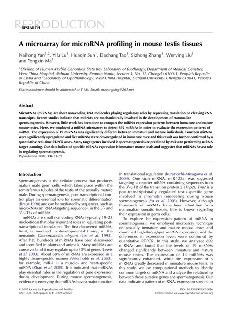 Pdf A Microarray For Microrna Profiling In Mouse Testis Tissues