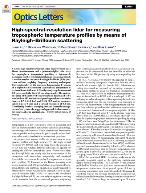 Pdf High Spectral Resolution Lidar For Measuring Tropospheric Temperature Profiles By Means Of
