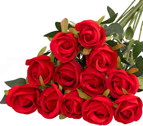 Yehoom 12pcs Artificial Silk Flowers Realistic Roses Bouquet Long Stem
