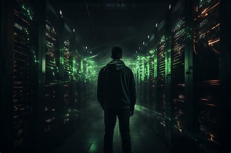 Premium Photo Silhouette Of A Hacker In A Dark Server Room 3d Rendering