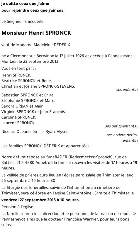 Avis De Décès De Henri Spronck Décédé Le 23092013 à Montzen Annonce
