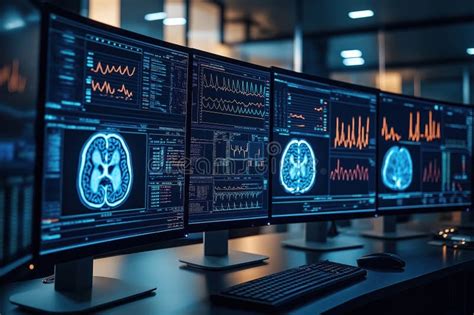 Multiple Computer Screens Display Advanced Medical Diagnostics Brain Scans Complex Medical