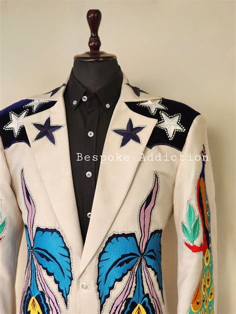 Men 2pc Ivory Customized Peacock Falcon Embroidered Rhinestones Country