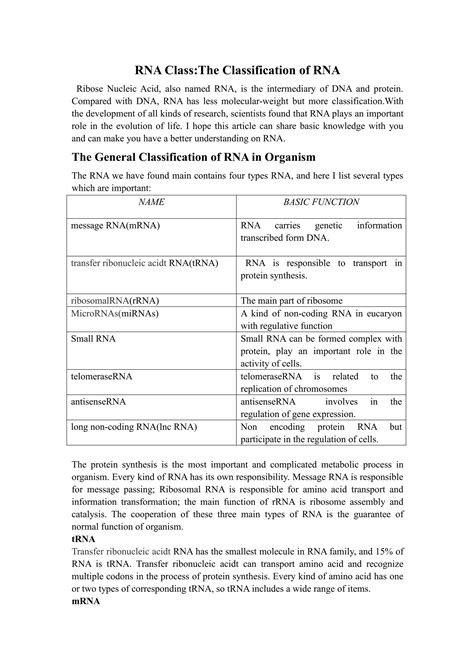 Rna Classthe Classification Of Rna Pdf
