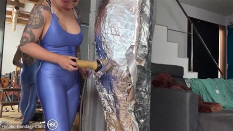 Aluminum Foil Duct Tape Mummification Rubber Mask And Pink Zentai Suit