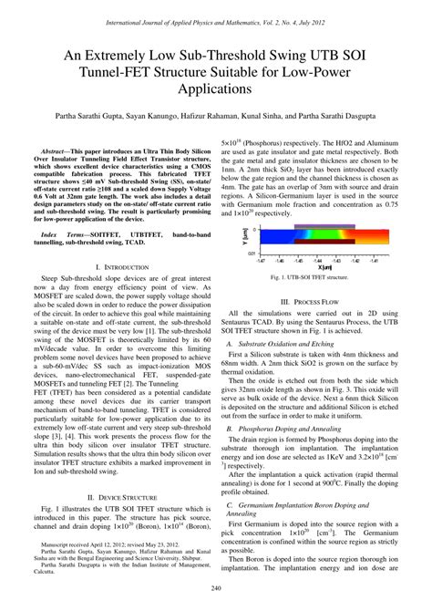 Pdf An Extremely Low Sub Threshold Swing Utb Soi Tunnel Fet Structure Suitable For Low Power