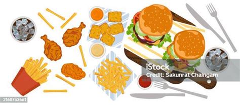 패스트 푸드 레스토랑 메뉴와 패스트 푸드 세트 햄버거 치킨 팝 프라이드 치킨 윙 감자 튀김 너겟 청량 음료 프라이드 치킨 포스터