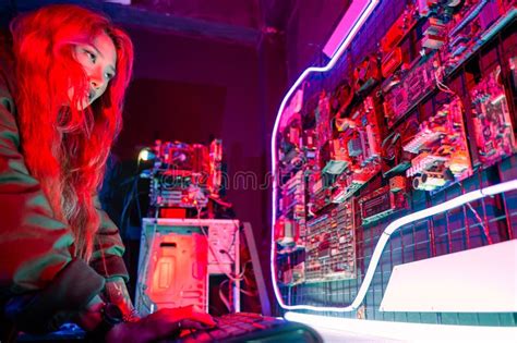 Asian Woman Wearing A Black Jacket Hacking Programming System Check