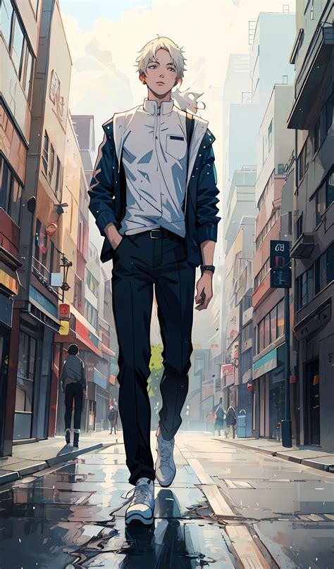 Anime Guy Walking Down A City Street In A Rain Soaked Street Seaart Ai