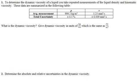 Solved To Determine The Dynamic Viscosity Of A Liquid You Chegg Com