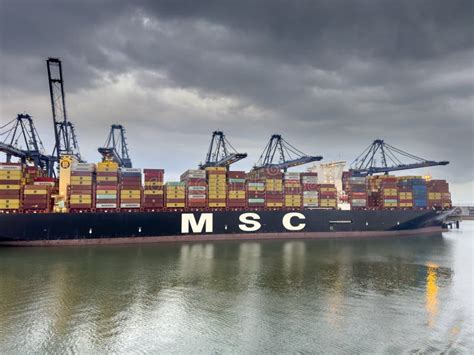 Msc Container Ship Under A Grey Sky At Felixstowe Editorial Image