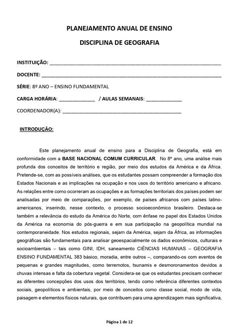 Planejamento Anual De Geografia 8º Ano Ensino Fundamental Arquivos