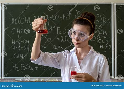 Female Babe Hold Chemical Flask With Liquid For Biology Experiment Stock Photo Image Of