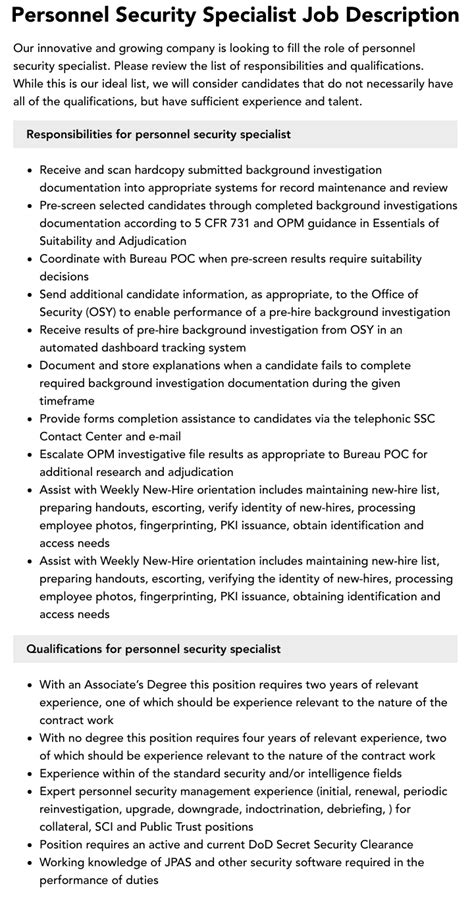 Personnel Security Specialist Job Description Velvet Jobs