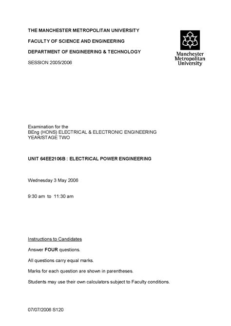 Electrical Power Engineering 2005 2006 Exam Electrical Engineering