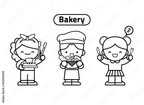 베이커리 캐릭터 흑백 일러스트 빵집에서 일하는 귀여운 캐릭터들의 흑백 일러스트 Stock Vector Adobe Stock
