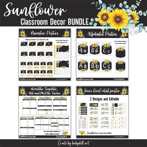 Sunflower Classroom Decor Theme Bundle Printable Classroom Bulletin Board Display Posters