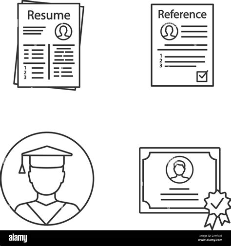 Resume Linear Icons Set Cv Reference Letter Education Certificate Thin Line Contour Symbols