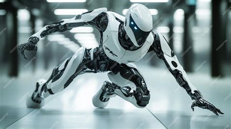 a humanoid robot in a dynamic pose with articulated limbs and