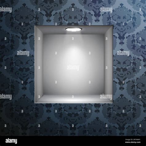 3d Empty Shelf For Exhibit In The Wall With Vintage Wallpapers Vector Illustration Stock Vector