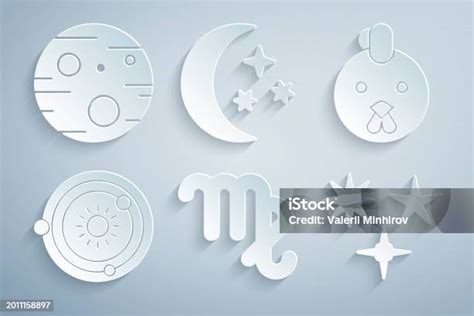 처녀자리 조디악 수탉 태양계 떨어지는 별 달과 별 행성 화성 아이콘을 설정합니다 벡터 3차원 형태에 대한 스톡 벡터 아트 및 기타 이미지 Istock