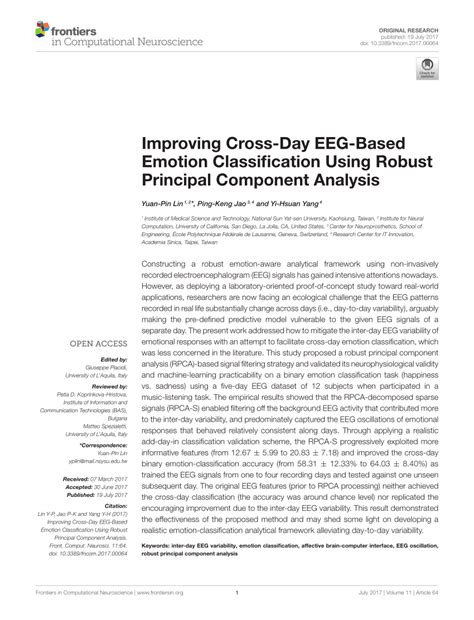 Pdf Improving Cross Day Eeg Based Emotion Classification Using Robust Principal Component Analysis