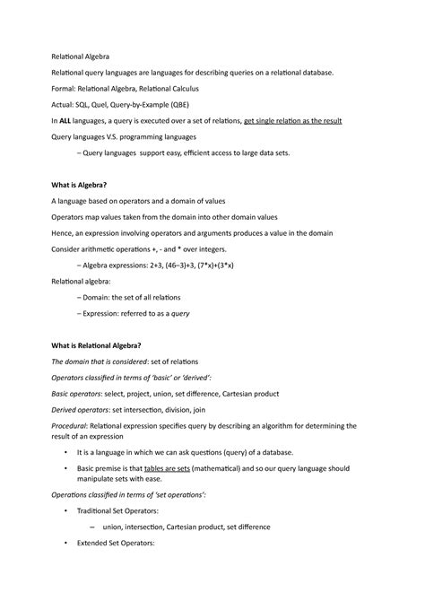 relational algebra relational algebra relational query languages are