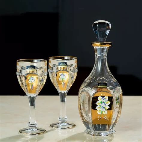 Bohemia Gold Enamel Wine Glasses Decanter T Set Masu