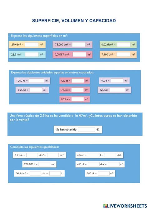 Superficie Volumen Y Capacidad Worksheet Live Worksheets