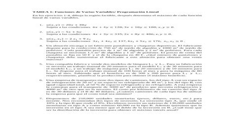 Tarea 1 Funciones De Varias Variables Programación Lineal · Tarea 1 Funciones De Varias