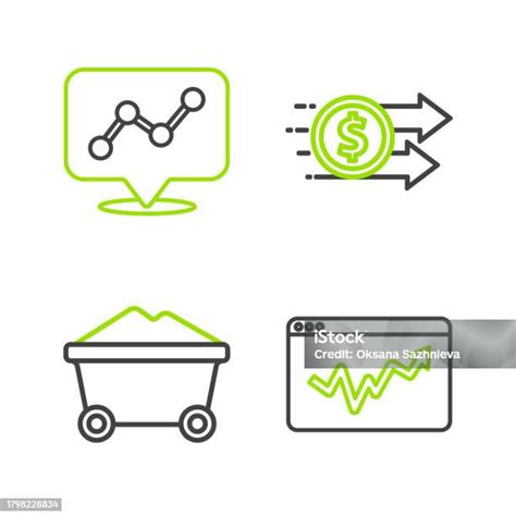 Set Line Graph Chart Infographic Coal Mine Trolley Financial Growth