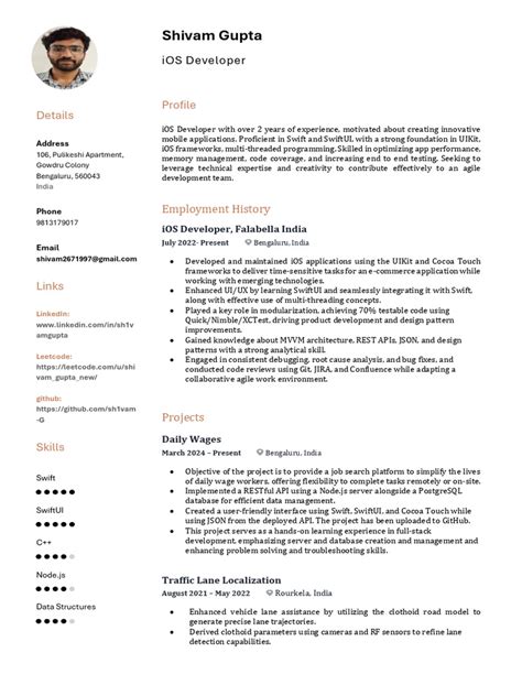 Shivam Gupta Resume Pdf Swift Programming Language Databases