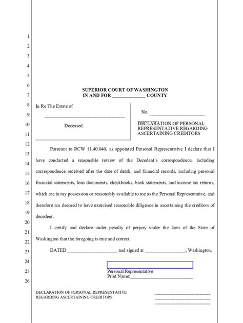 Fillable Online Washington Declaration Ascertaining Creditors Form Fax
