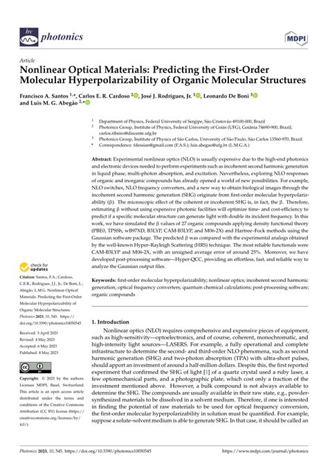 Pdf Nonlinear Optical Materials Predicting The First Order Molecular Hyperpolarizability Of