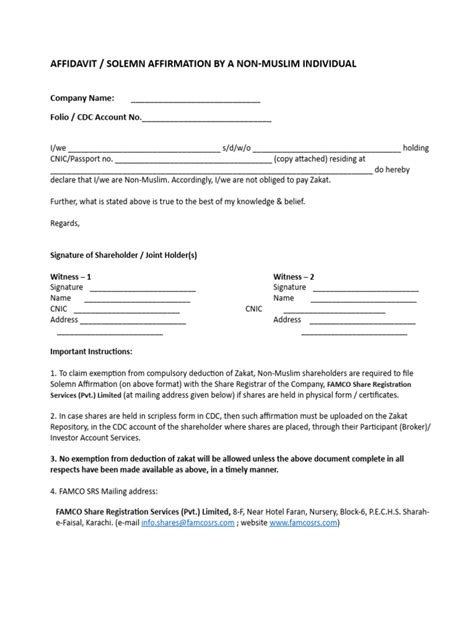 Solemn Affirmation For Zakat Exemption By Non Muslims Pdf