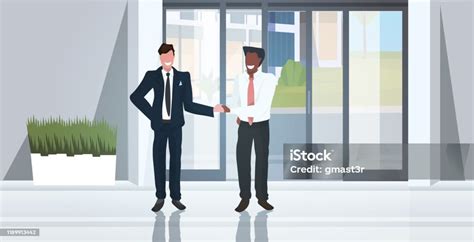비즈니스맨 악수 악수 믹스 레이스 파트너 악수 회의 파트너십 개념 개념 현대 비즈니스 센터 인테리어 전체 길이 수평 가공의 인물에 대한 스톡 벡터 아트 및 기타 이미지