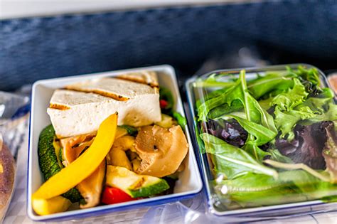 구운 두부 야채 녹색 신선한 샐러드 매크로 클로즈업과 함께 비행기 비행에 건강한 채식 식사 음식 Vgml 간식 상업용 항공기에 대한 스톡 사진 및 기타 이미지 Istock