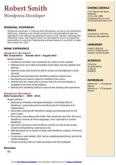 10 Wordpress Developer Resume Samples And Templates For 2025