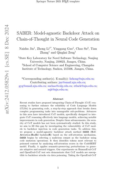 Pdf Saber Model Agnostic Backdoor Attack On Chain Of Thought In Neural Code Generation