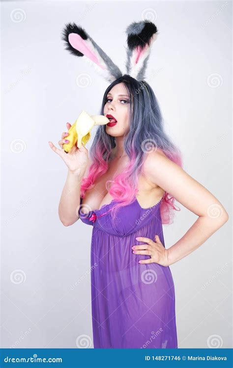 Erotic Caucasian Chubby Girl In A Transparent Lingerie Babydoll Dress With Rabbit Ears Enjoys