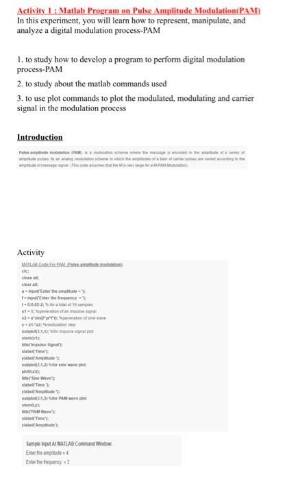 Solved Activity 1 Matlab Program On Pulse Amplitude