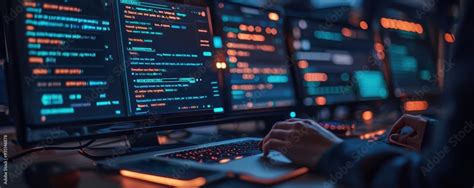 A Focused Programmer Writes Code On A Dual Monitor Setup Featuring